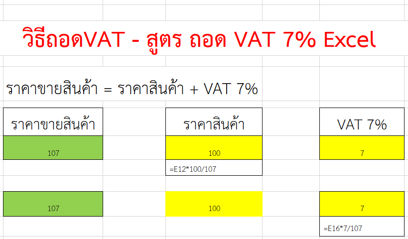 สูตร ถอด VAT 7% Excel หรือ วิธีคิด vat ย้อนกลับ หรือคิดภาษีมูลค่าเพิ่ม ...